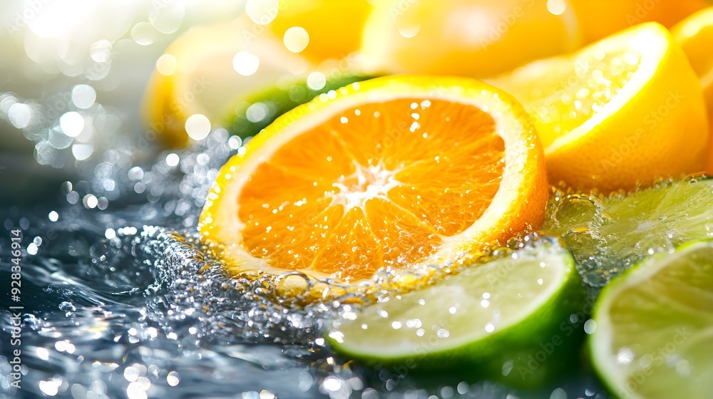 Citrus slices of orange, lemon, and lime floating in sparkling water, captured in high detail ...