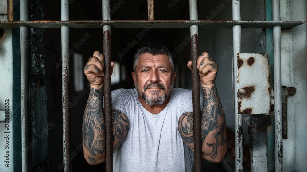 Middle-aged man with tattoos behind prison bars gripping the bars with ...
