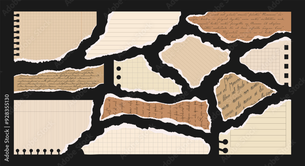 Paper cut scraps with torn edges. Notebook sheets, pieces notepad pages ...