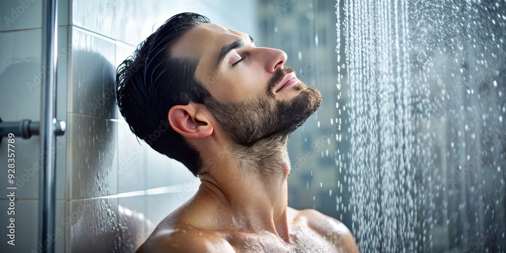 A refreshed male model tilts head back, eyes closed, as water cascades ...
