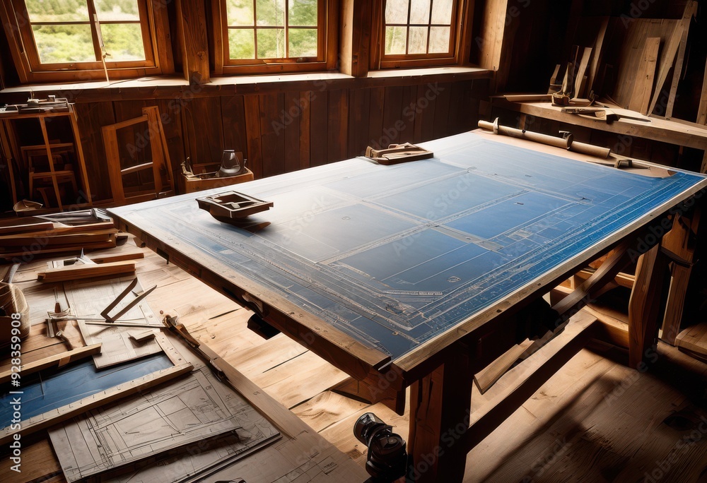 detailed blueprints displayed timber drafting table focus architectural ...