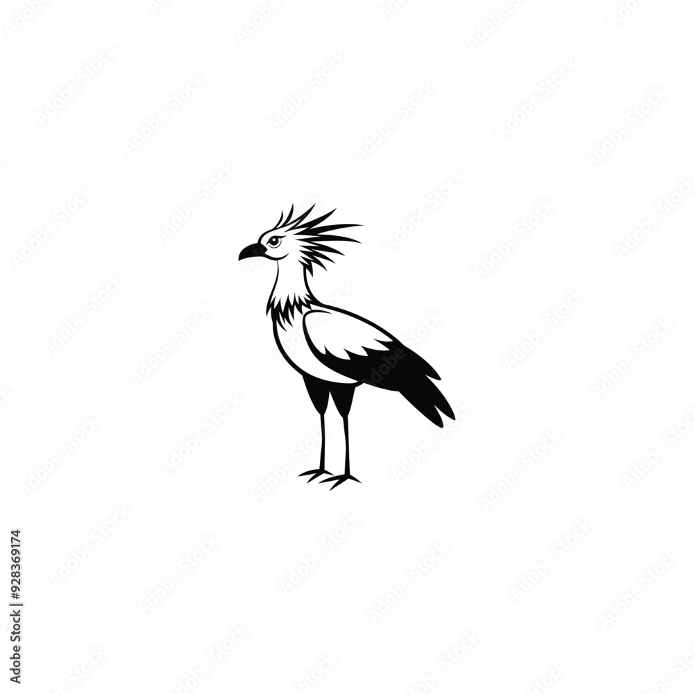 Secretary bird black silhouette cartoon vector illustration isolated on ...