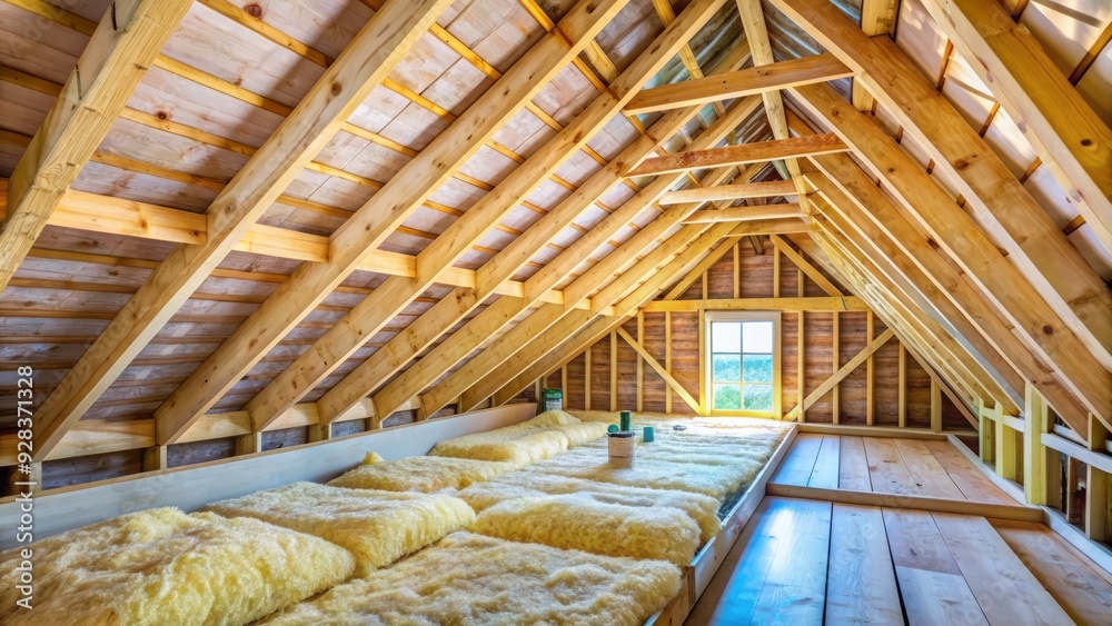 Freshly installed fiberglass batt insulation in a residential attic ...
