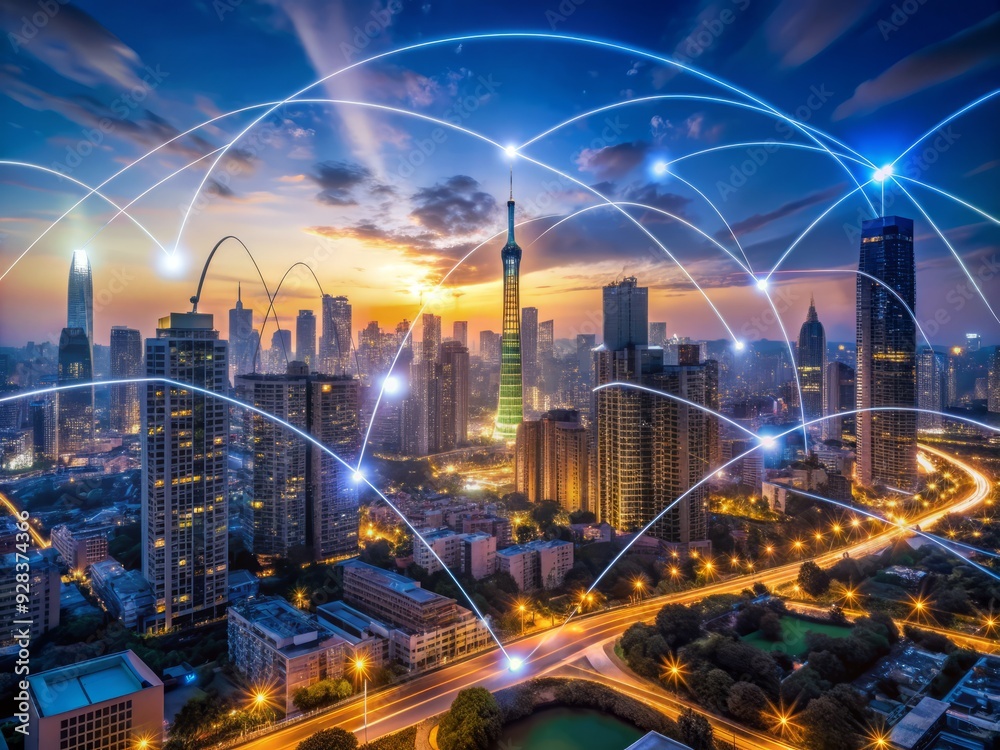 Illuminated cityscape at dusk with glowing network lines and nodes ...