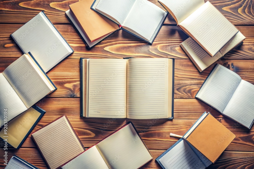 Ilustración de Stock Multiple open books with blank pages scattered on ...