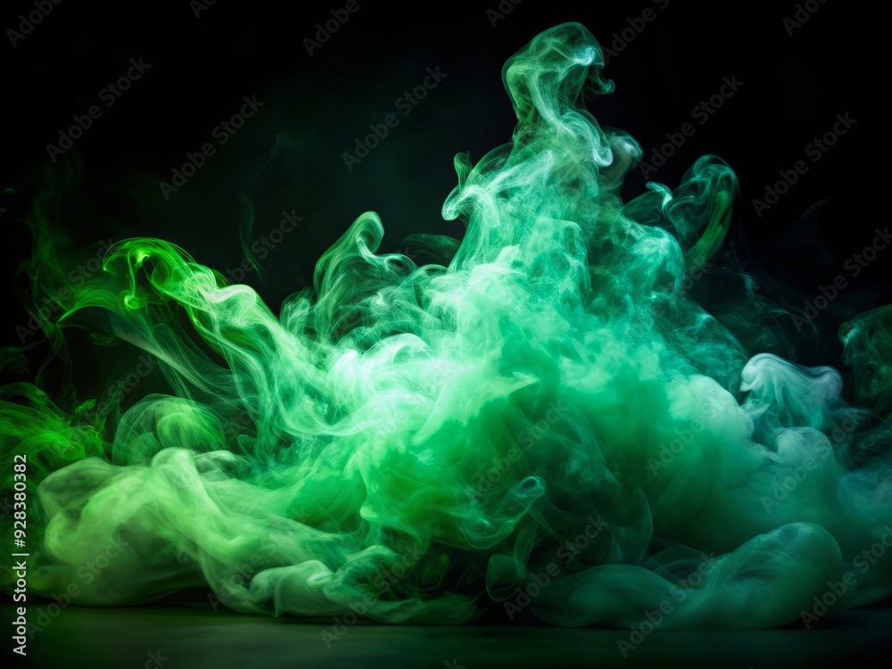 Mysterious green smoke mist swirls in eerie fog on a solid black ...