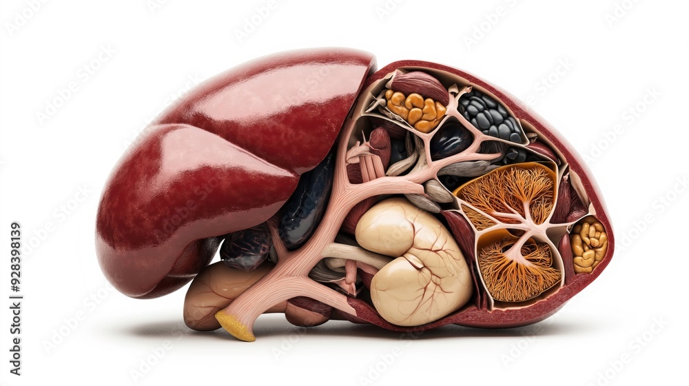 Anatomical cross-section of a liver showing detailed internal ...