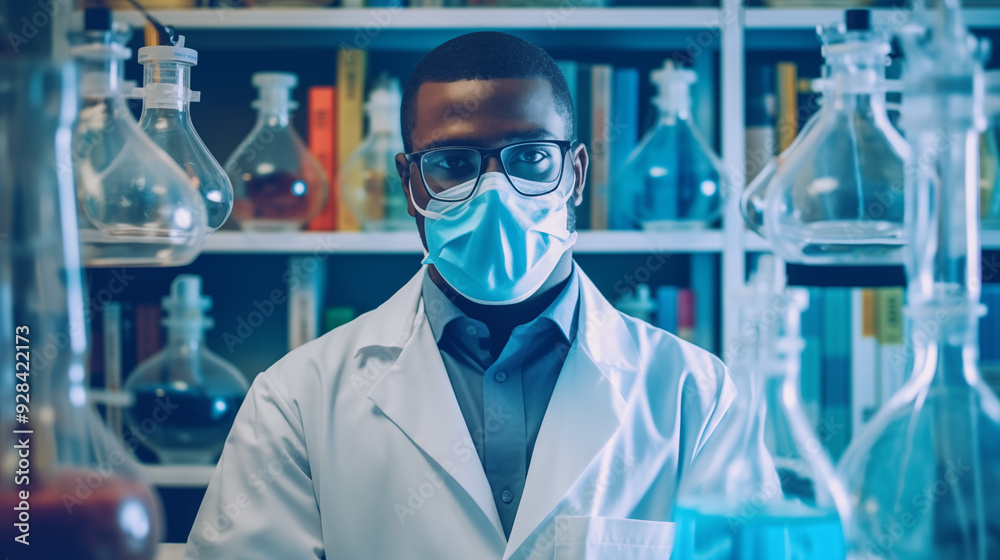 Man scientist , chemical solution in many test tubes and analyze the ...