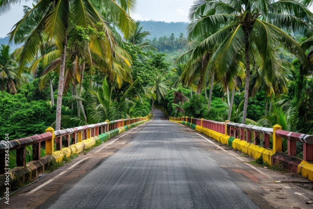 Scenic road bridge with colorful guard rails and palm trees in coastal ...