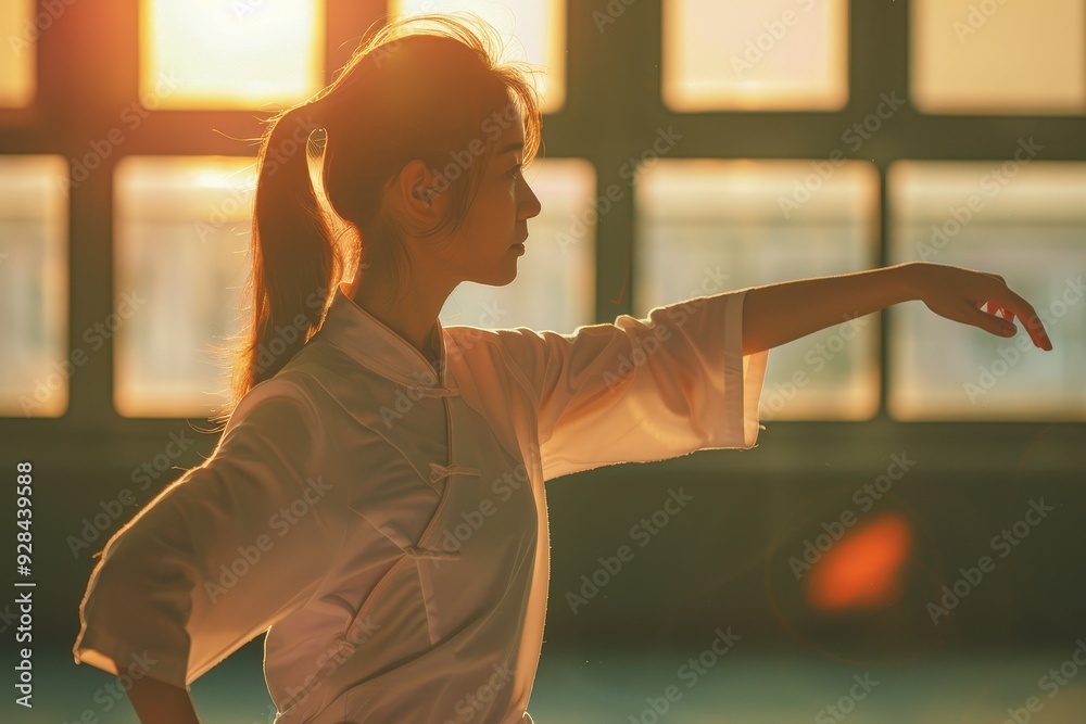 Young woman practicing tai chi chuan with Chinese management skill ...