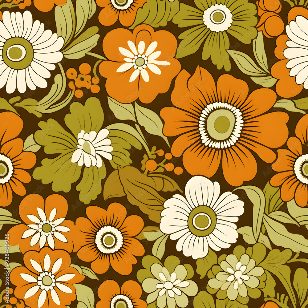 Vintage Retro Groovy Floral Pattern in Bold Orange and Green - A Large ...