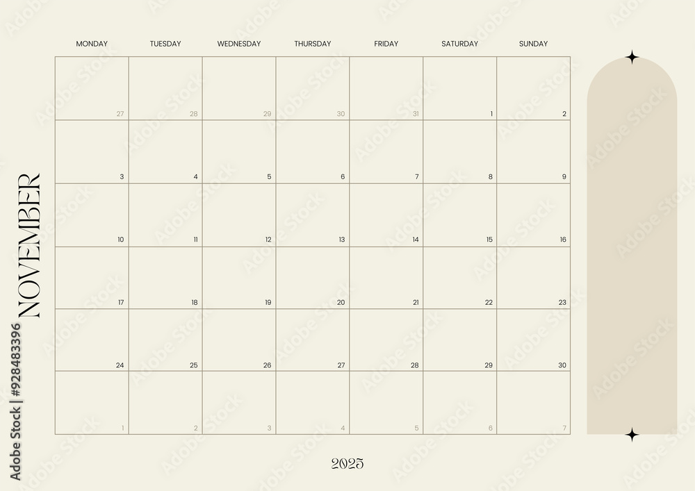 November calendar and monthly planner, layout featuring a grid format ...