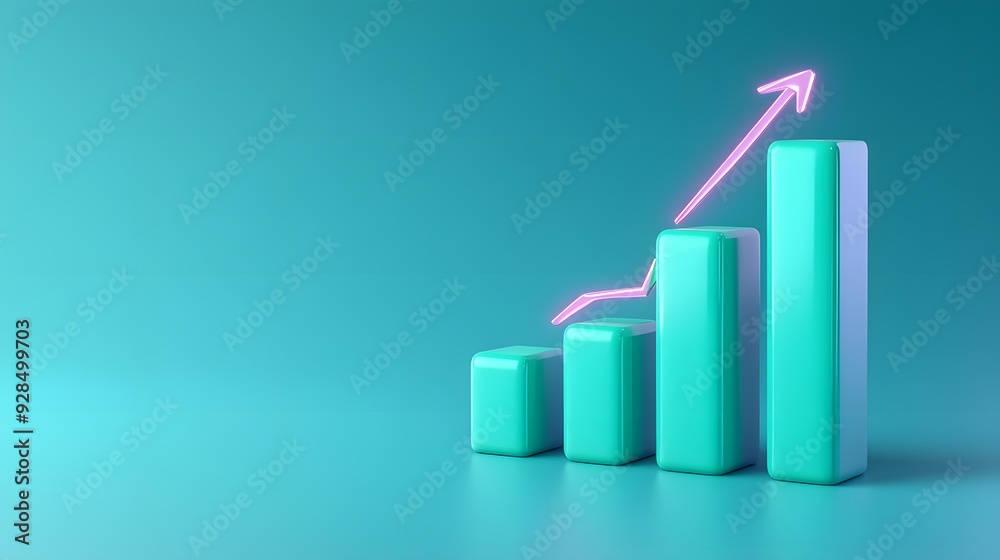 3D bar chart showing growth trend with upward arrow on turquoise ...