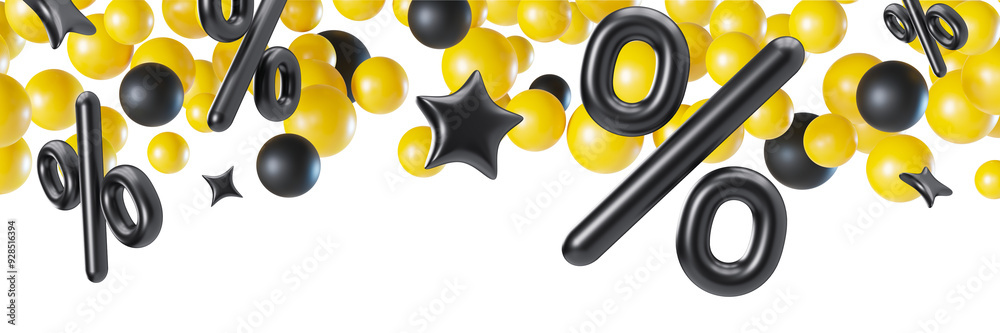 Vibrant header with floating percentage symbols, balloons, stars, on ...
