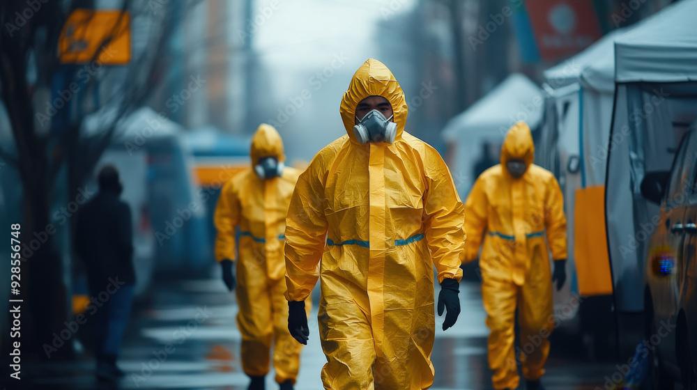 Emergency response team setting up a flu quarantine zone, outbreak ...