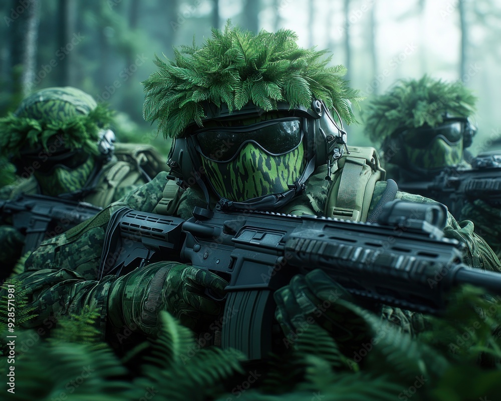 Camouflaged Soldiers in Dense Forest Ready for Action, Blending ...