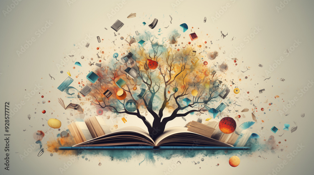 Open Book With Branching Tree Of Knowledge Bursting With Colorful ...