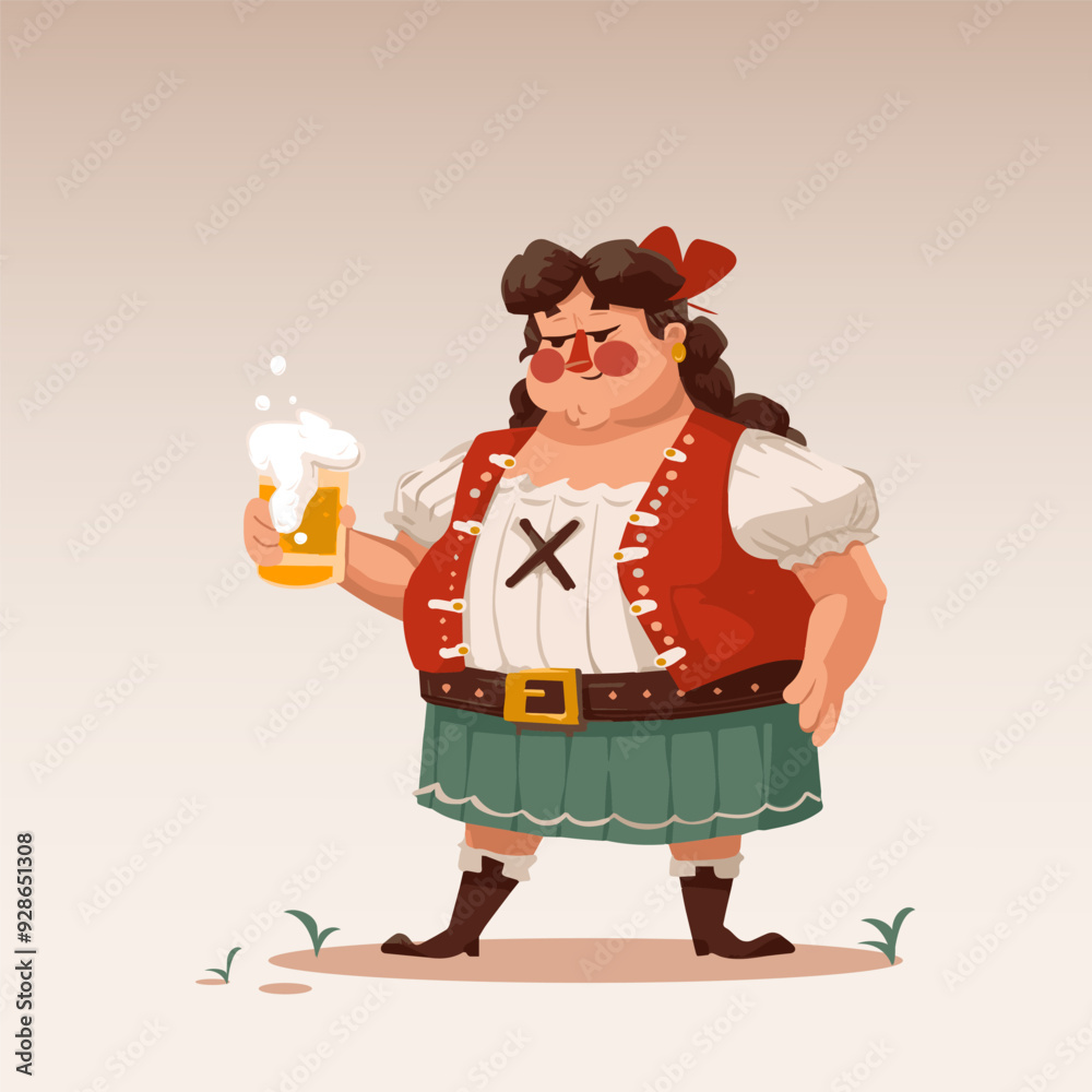 Vector illustration. Stout woman in traditional Bavarian attire holds ...