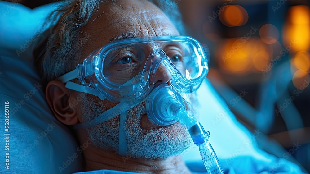 man in intensive care unit lying on hospital bed with an oxygen mask on ...