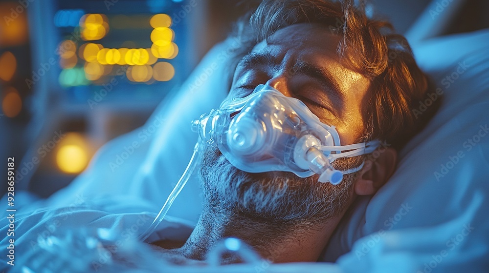 man in intensive care unit lying on hospital bed with an oxygen mask on ...