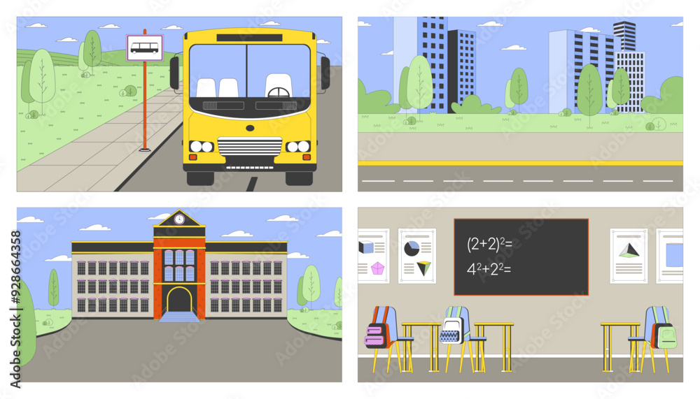 Educational facility in city cartoon flat illustrations set. Bus stop ...