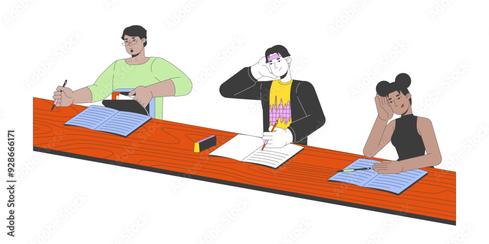 Diverse university classmates listening to lecture 2D cartoon ...