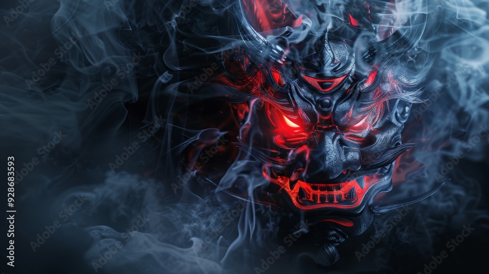 Ilustración de Stock Japanese Oni mask with glowing red eyes on a smoke ...