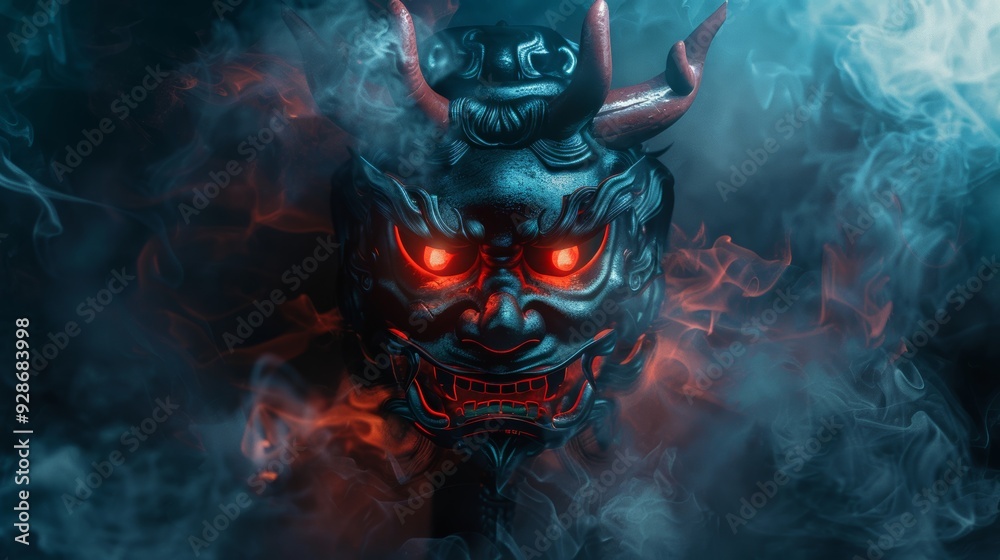 Japanese Oni mask with glowing red eyes on a smoke background in high ...