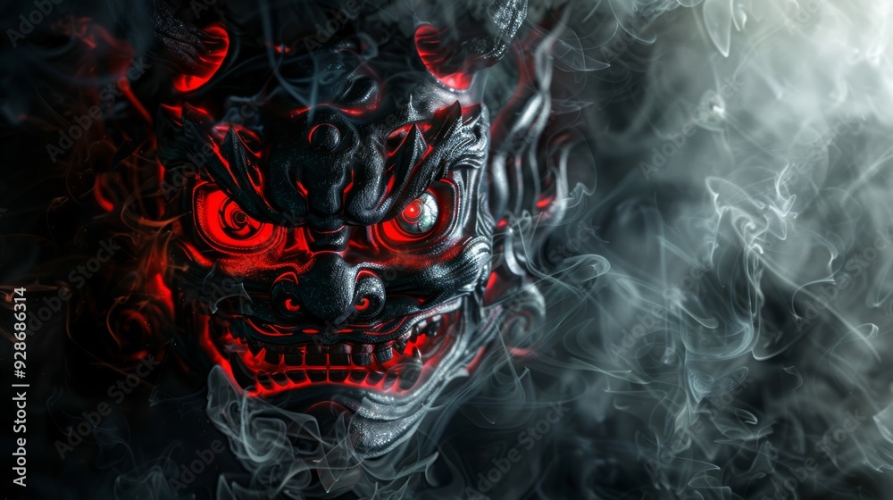 Japanese Oni mask with glowing red eyes on a smoke background in high ...