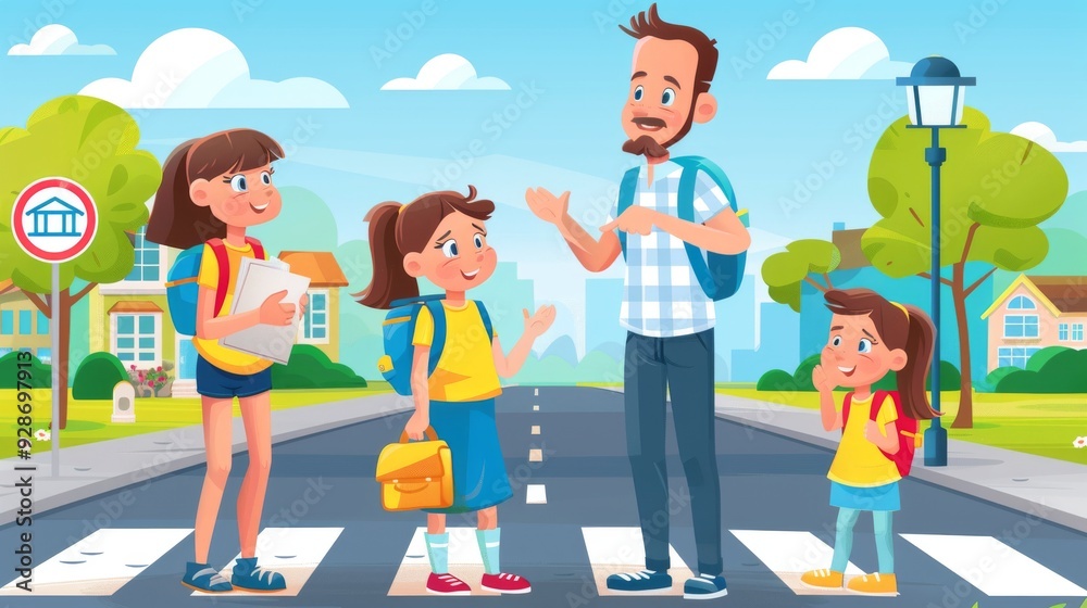 Cartoon vector parents teaching kids about road safety with traffic ...