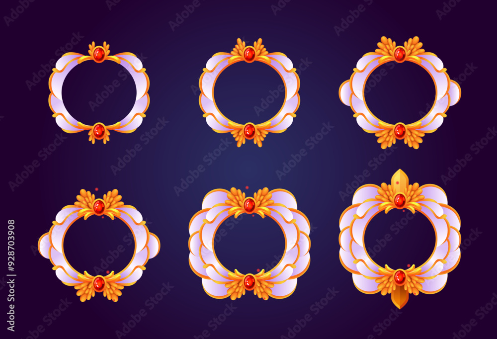 Metallic gold frame and gemstones set. White border badge. Avatar frame ...