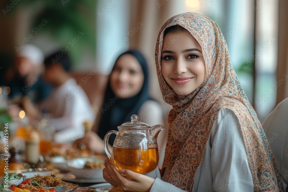 young arabian woman holding jug of tea near multiethnic muslim family ...