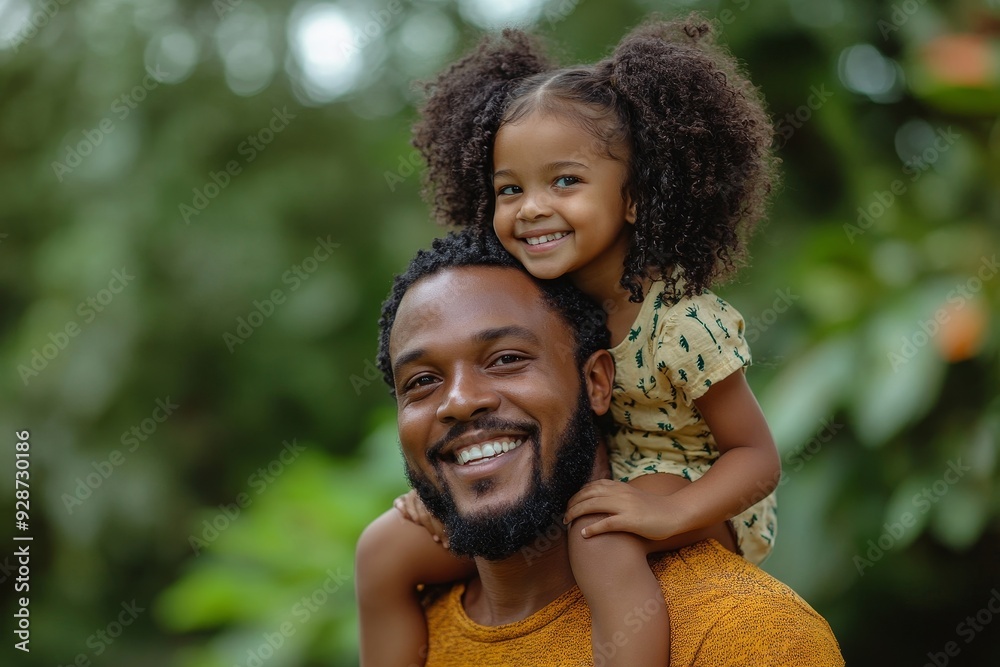 Stock-Foto „Father carrying daughter on shoulders, Cheerful african american girl on the ...