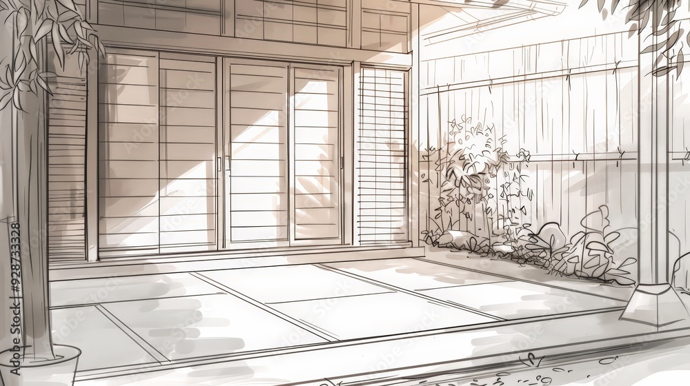 Create an architectural sketch of a traditional Japanese house ...