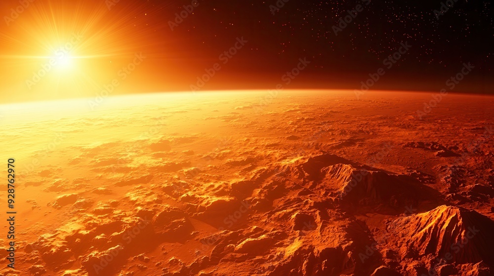 Stunning view of the Martian landscape at sunrise with rocky terrain ...