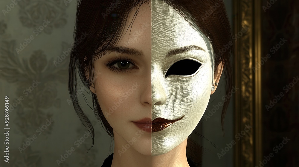 Woman with half-mask blending realism and mystery, highlighting duality ...