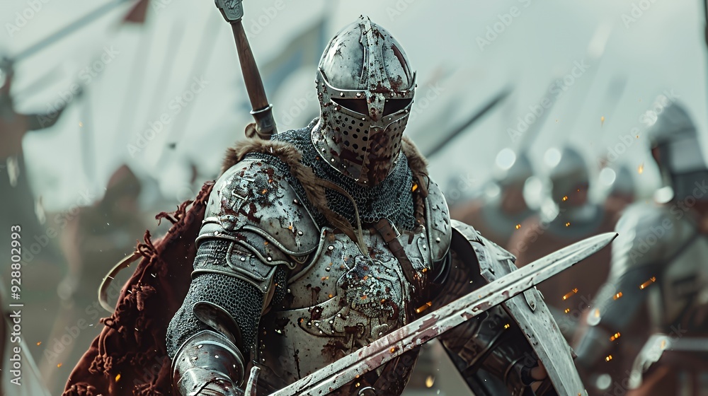 A medieval knight in full armor stands in the middle of a battle, with ...