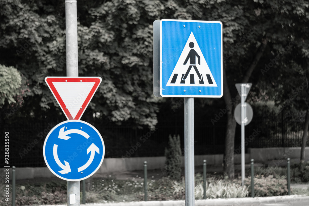 traffic signs road signs roundabout give way pedestrian crossing Stock ...