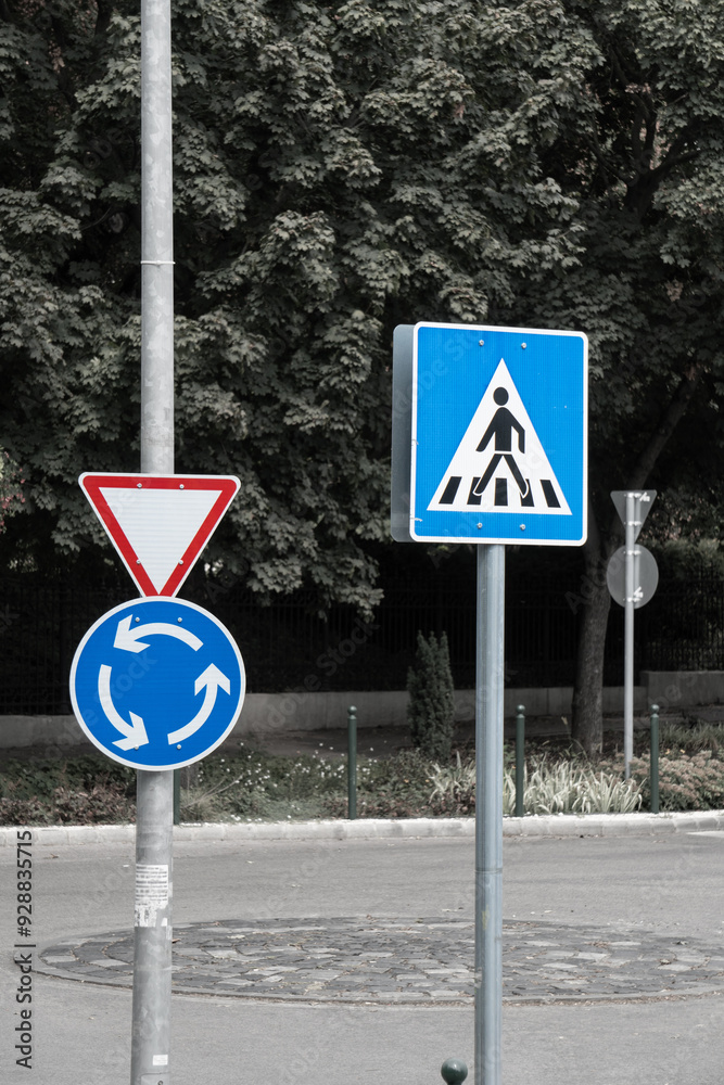 traffic signs road signs roundabout give way pedestrian crossing Stock ...