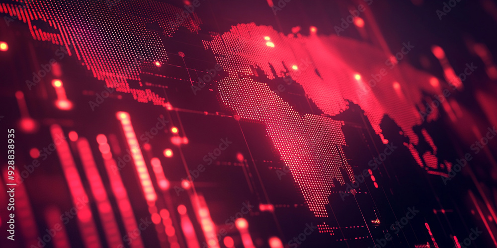 Stock-Illustration „Digital world map with glowing red data ...