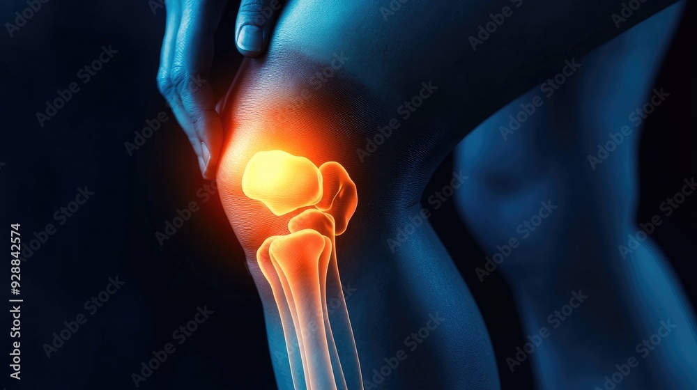 Knee joint pain: Glowing depiction of a knee joint highlighting areas ...