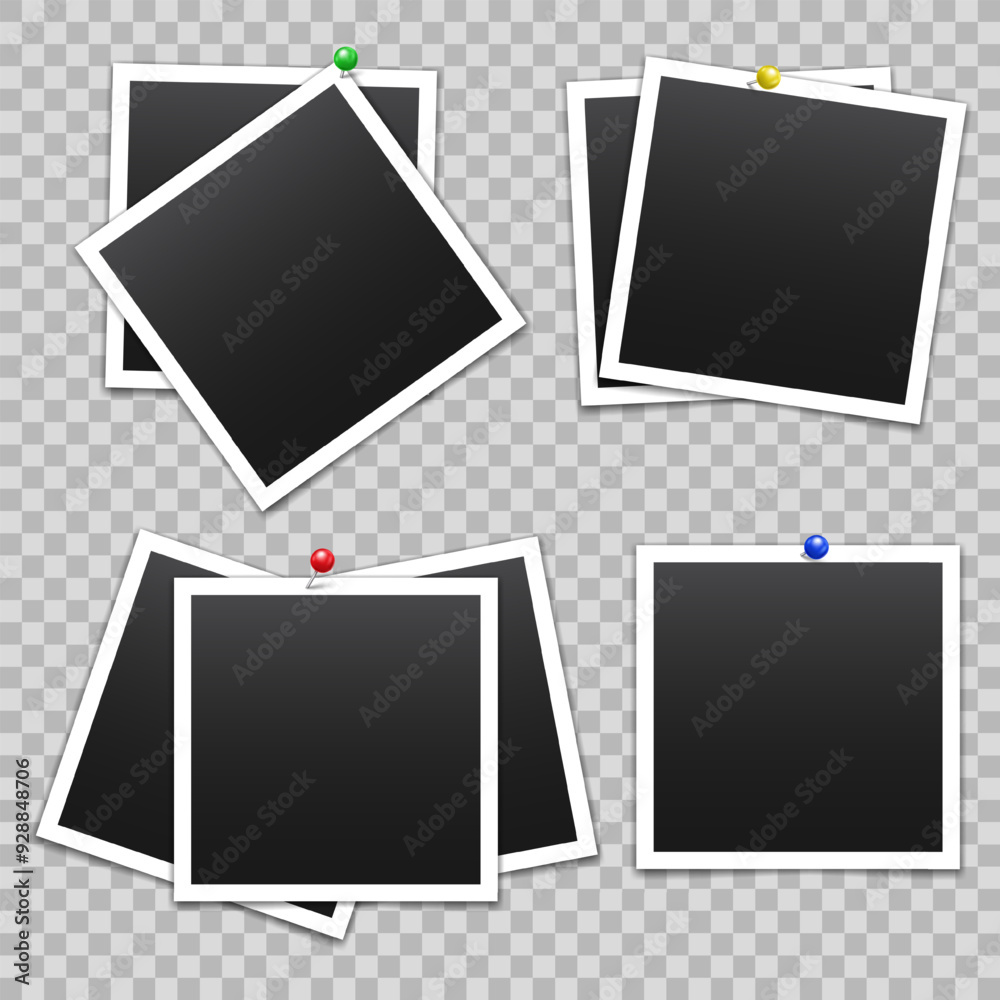 Vector empty photo frames with pin and shadow isolated on transparent ...