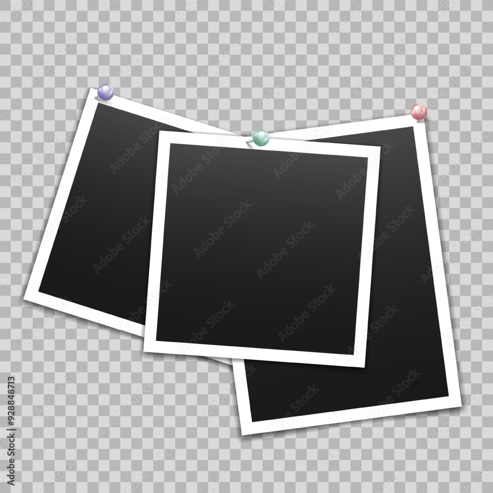 Vector empty photo frames with pin and shadow isolated on transparent ...