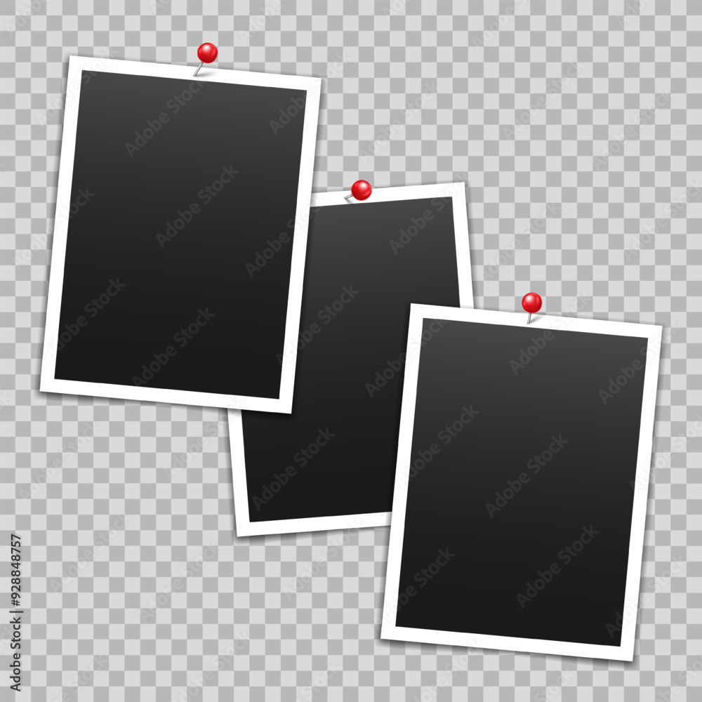 Vector empty photo frames with pin and shadow isolated on transparent ...