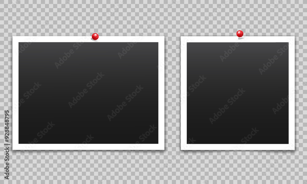 Vector empty photo frames with pin and shadow isolated on transparent ...