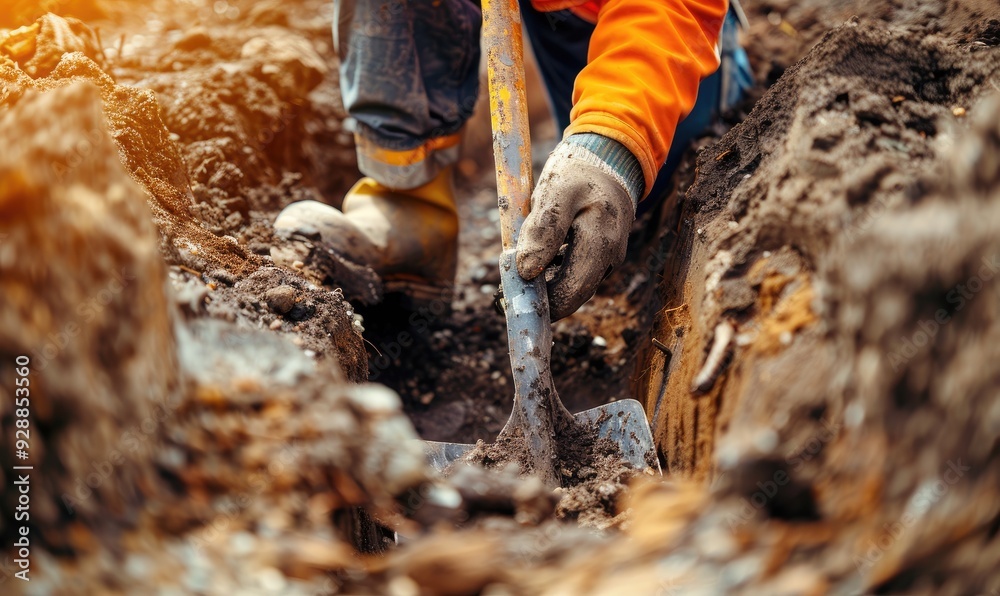 shovel being used to dig into the earth, capturing the essence of labor ...