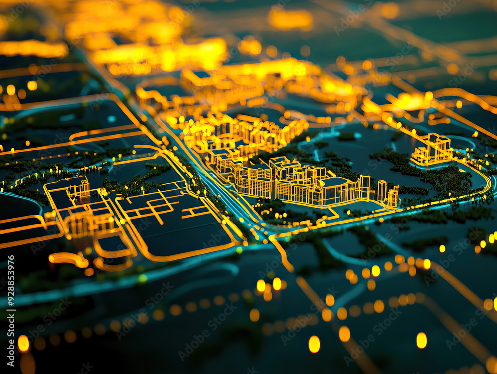 Technical aerial visual, 3D LiDAR GIS aerial map satellite scan model ...