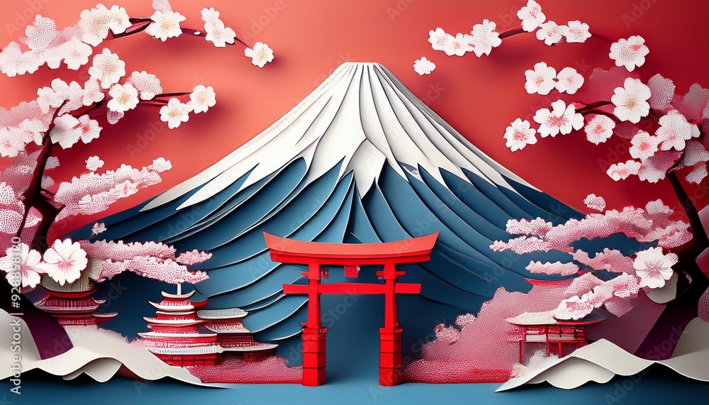 Ilustración de Stock Papercraft Art of Mount Fuji with Cherry Blossoms ...