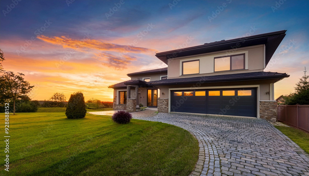 Evening dusk sunset sky, cobblestone driveway, grass lawn meadow ...