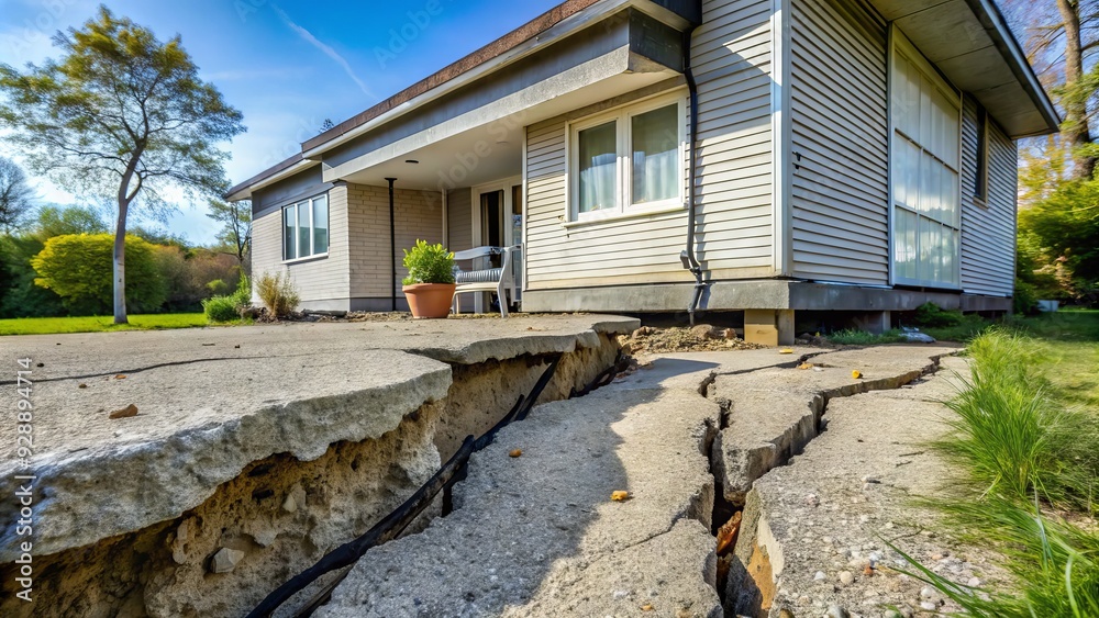 Damaged home foundation with deep cracks and crumbling concrete ...